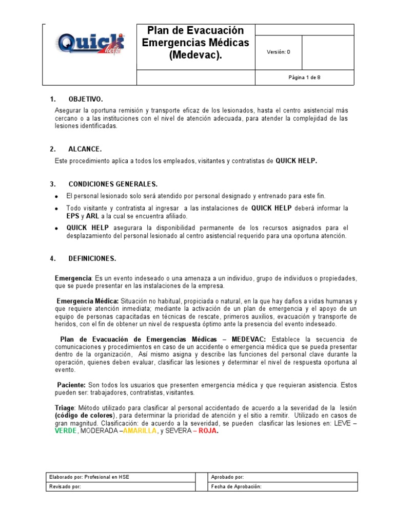 Plan de Evacuación Médica Quick Help | PDF | Lesión | Emergencias Médicas
