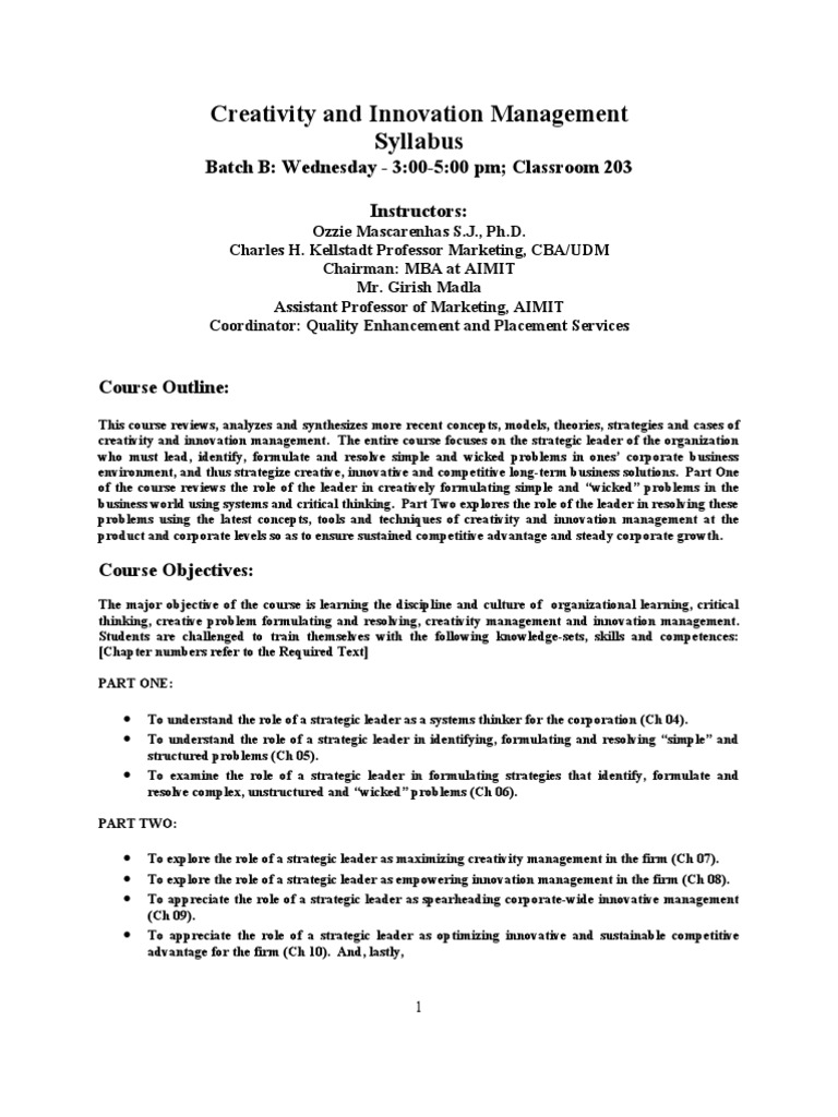 Creativity & Innovation Management Course | PDF | Innovation | Creativity