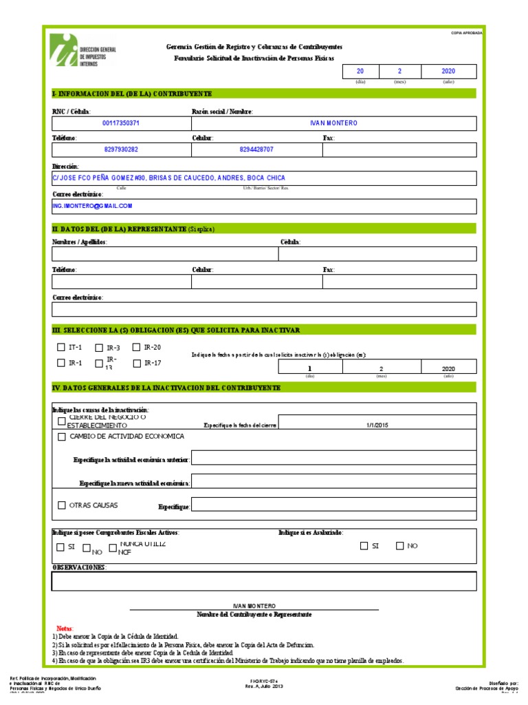 Formulario Solicitud Inactivación de Personas Fisicas (FI-GRYC-574 ...