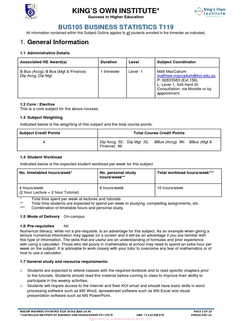 Bus105 Business Statistics T1 2019 PDF | PDF | Statistics | Statistical Inference