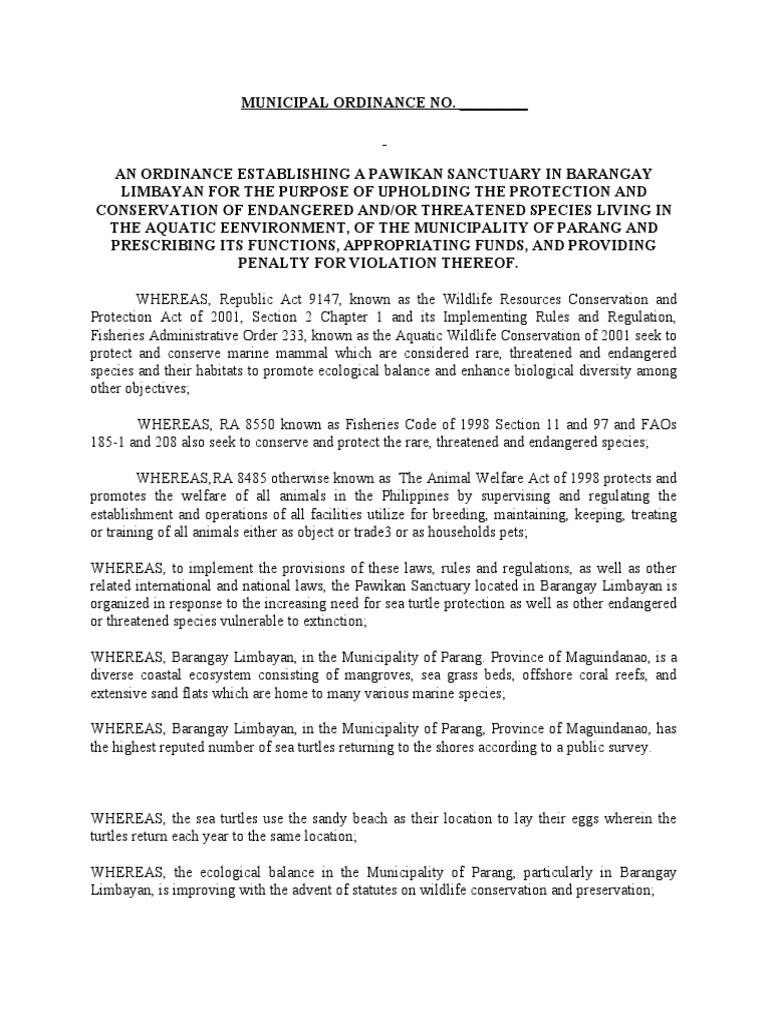MUNICIPAL ORDINANCE NOpawikan | PDF | Sea Turtle | Conservation Biology