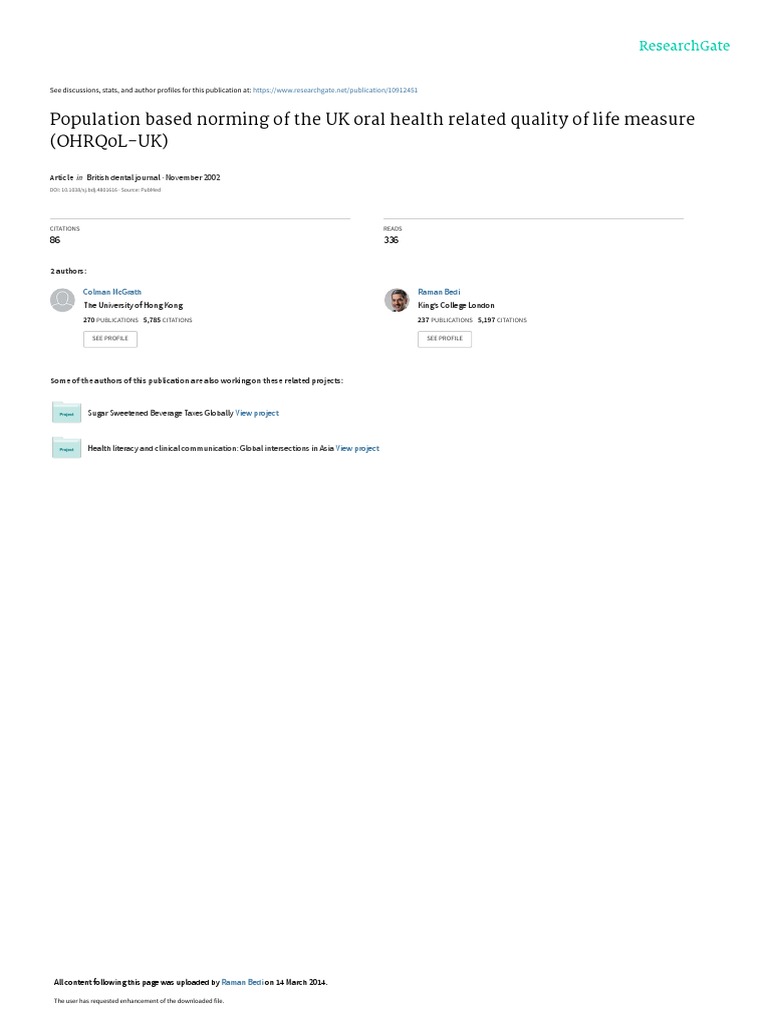 Population Based Norming of The Uk Oral Health Related Quality of Life ...