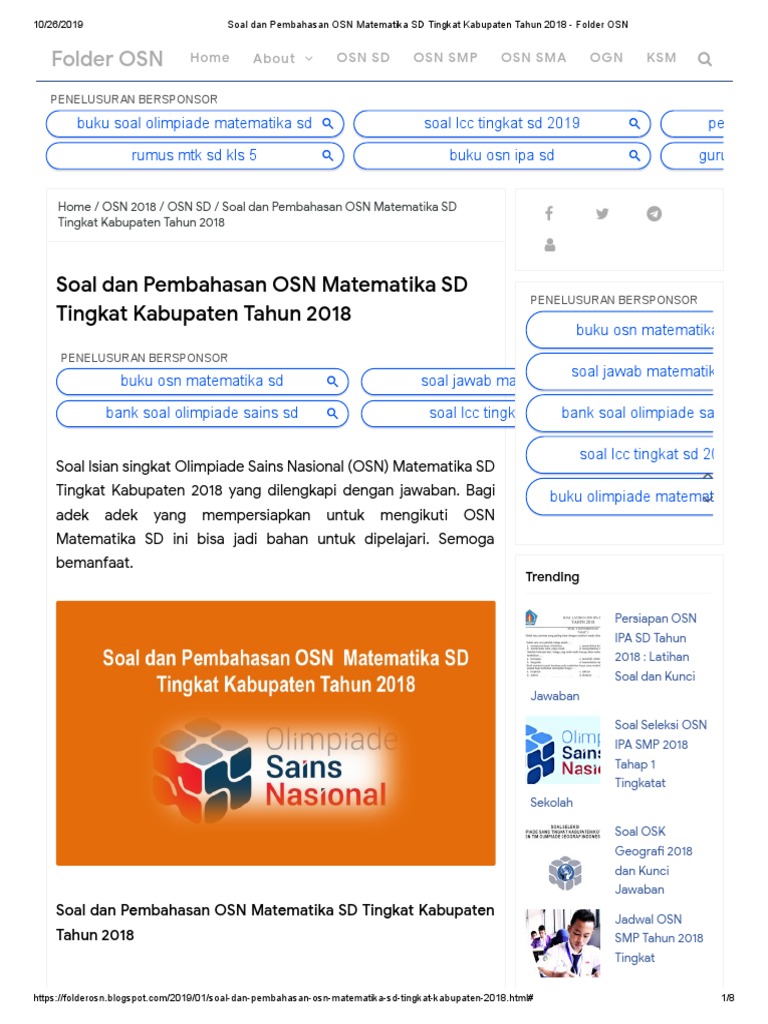 Soal Dan Pembahasan OSN Matematika SD Tingkat Kabupaten Tahun 2018 - Folder OSN PDF | PDF