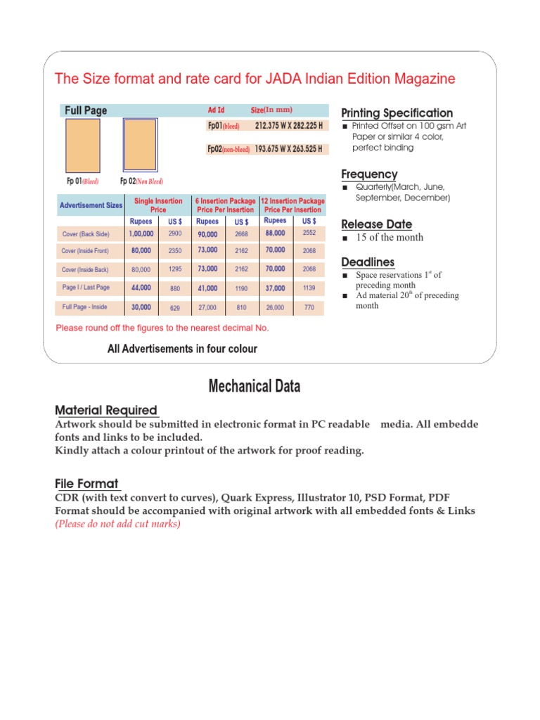 The Size Format and Rate Card For JADA Indian Edition Magazine | PDF ...
