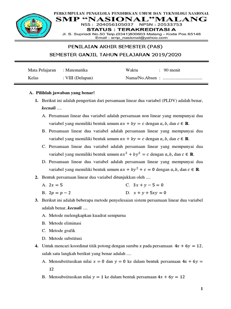 Soal Remidi Uas Mat Kelas 8 | PDF