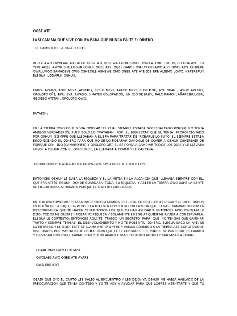 Ogbe Ate La Caja Fuerte Vive Con Ifa para Que No Falte El Owo | PDF