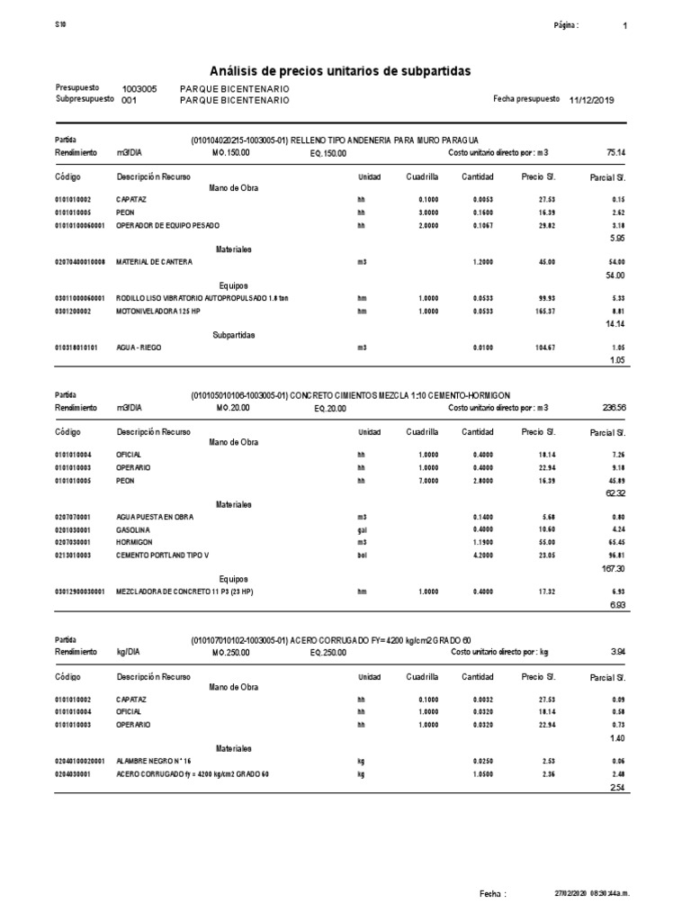 APU - Subpartidas | PDF | Materiales de construcción | Material compuesto