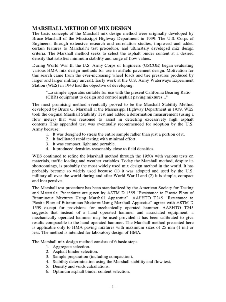 Marshall Method of Mix Design | PDF | Density | Asphalt
