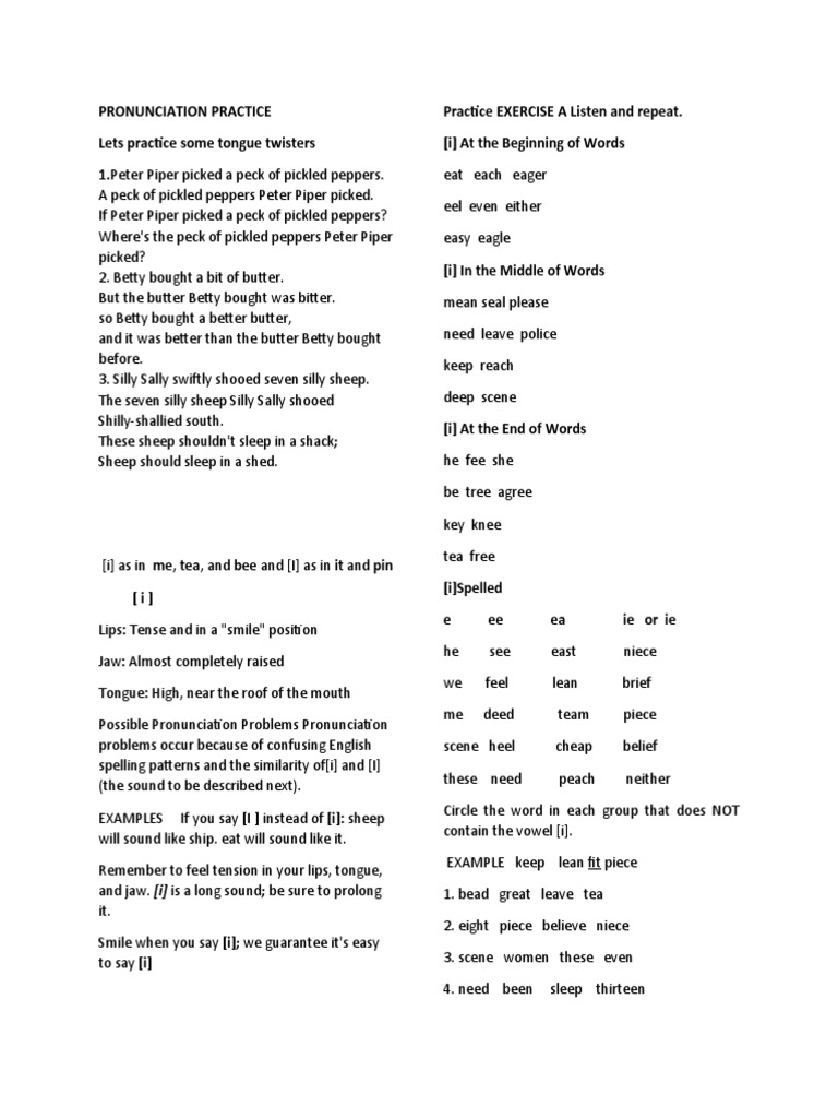 Pronunciation Practice: Tongue Twisters and Vowel Drills for [i] and [I ...