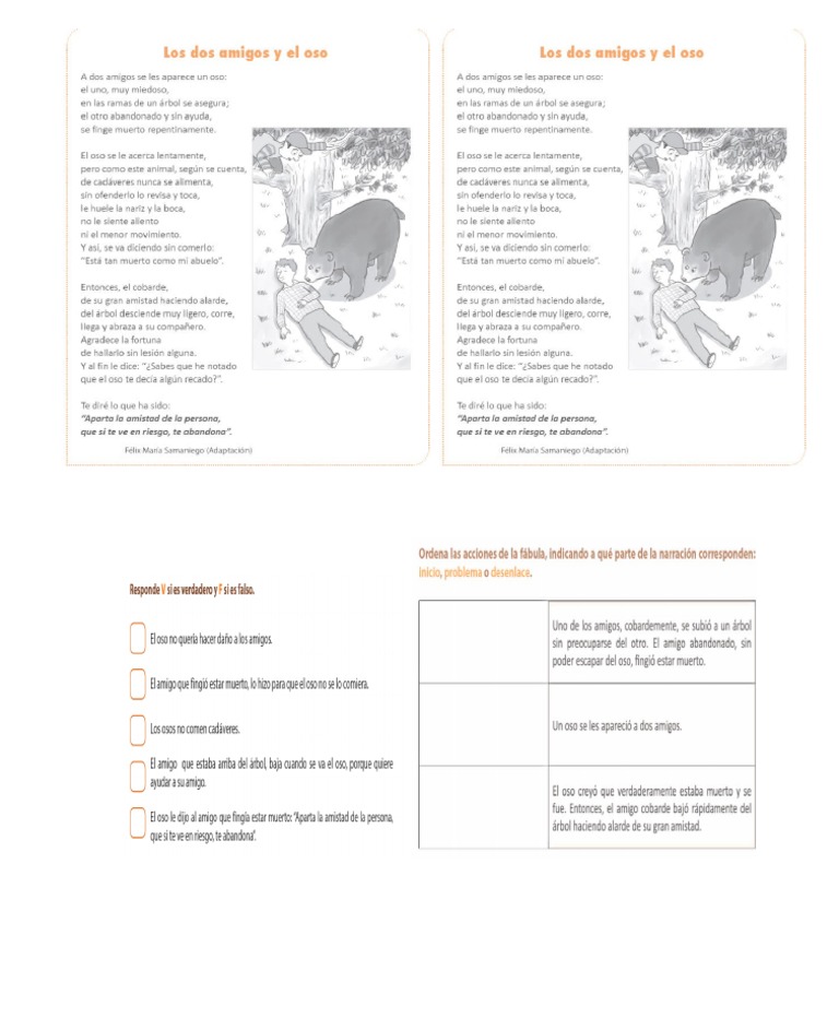 Los Dos Amigos y El Oso Fabula 4to | PDF