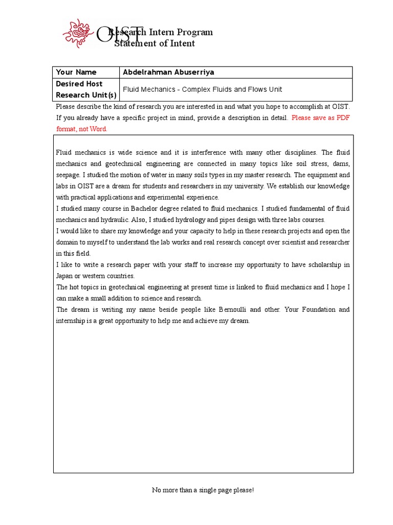 Research Intern Statement of Intent | PDF