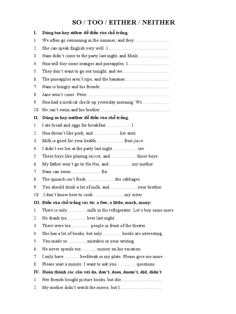 SO / TOO / EITHER / NEITHER exercises | PDF | Foods | Food And Drink