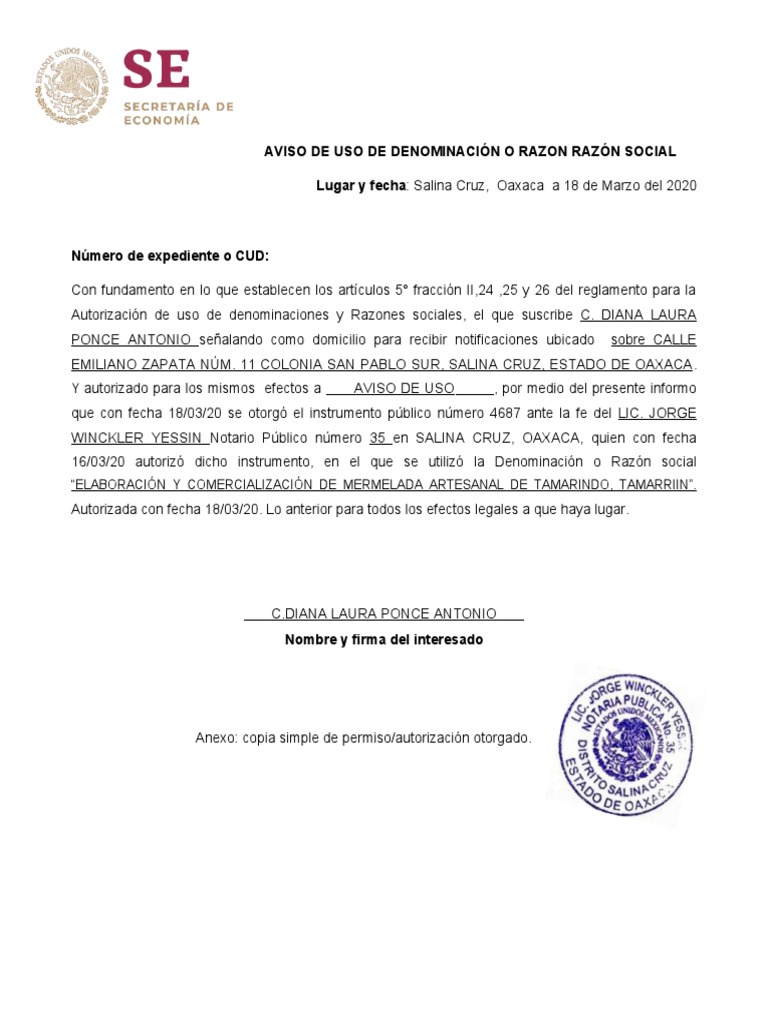 Aviso de Uso de Denominacion Social | PDF Aviso de Uso de Denominacion Social | PDF