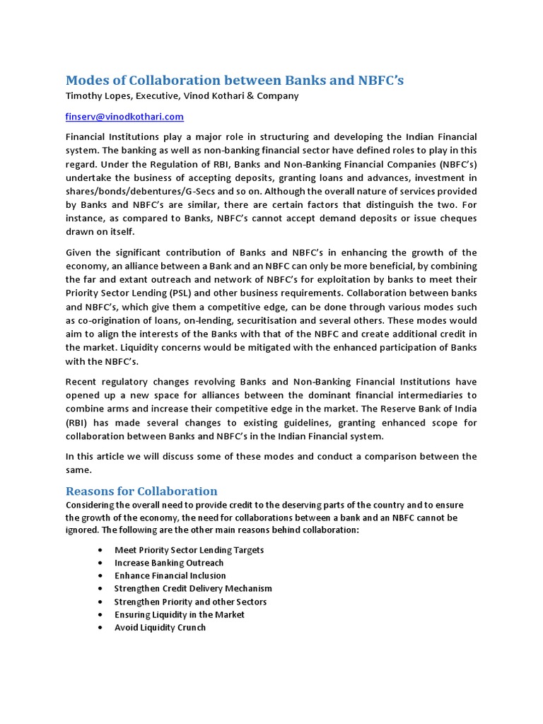 Modes of Collaboration Between Banks and NBFC's | PDF | Securitization ...
