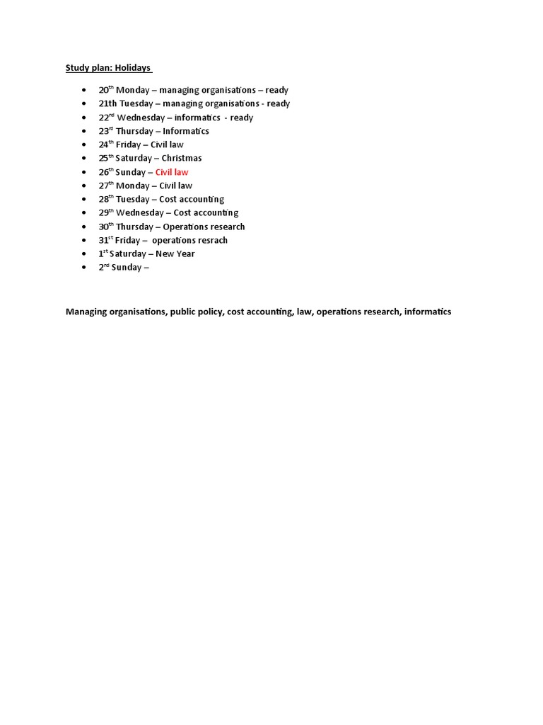 Holiday Study Plan Overview | PDF