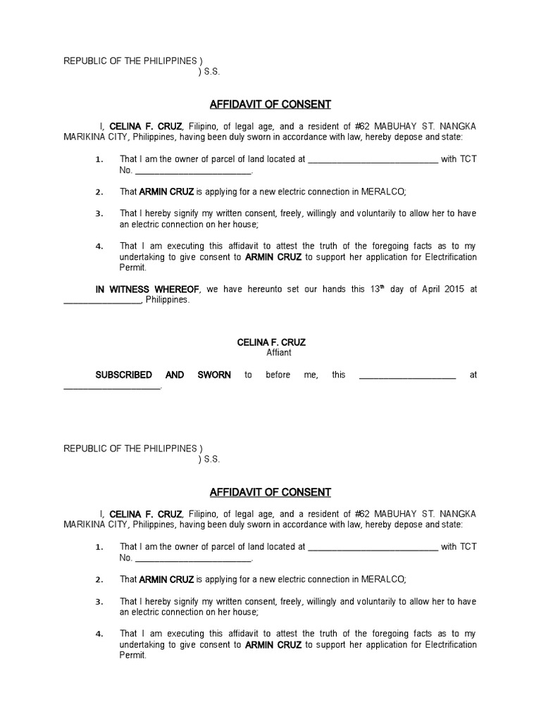 Affidavit of Consent for Electric Connection | PDF | Affidavit | Common Law