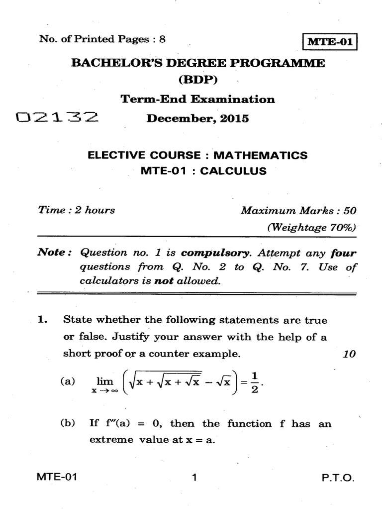 IGNOU Old Question Paper | PDF | Function (Mathematics) | Mathematical ...