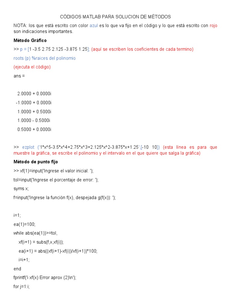 Códigos Matlab para Solucion de Métodos | PDF | Métodos y materiales de ...