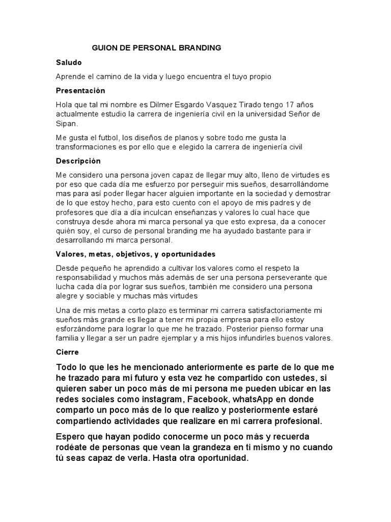 Guion de Personal Branding de Dilmer Vasquez | PDF