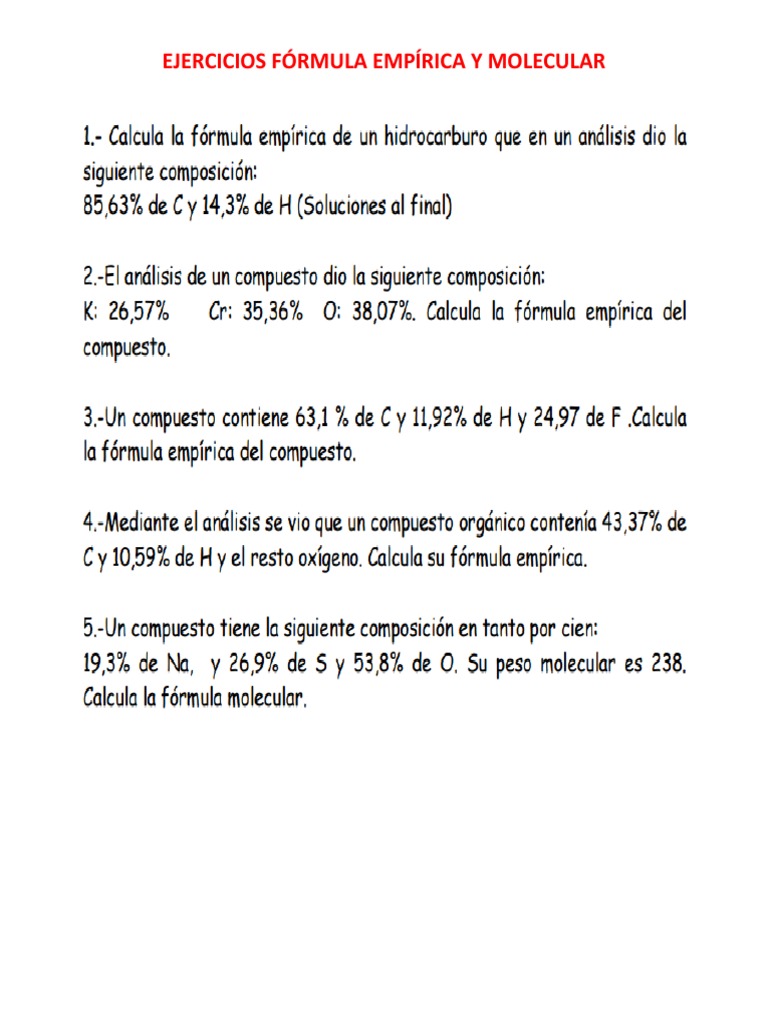 Ejercicios Fórmula Empírica y Molecular PDF | PDF