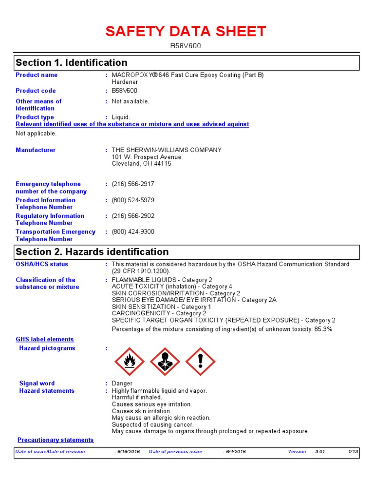SHERWIN WILLIAMS-Macropoxy Part B-6401-25027-SDS | PDF | Toxicity ...