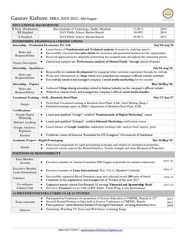 Gaurav Kishore 13958018 201912090940 Resume | Download Free PDF | Business