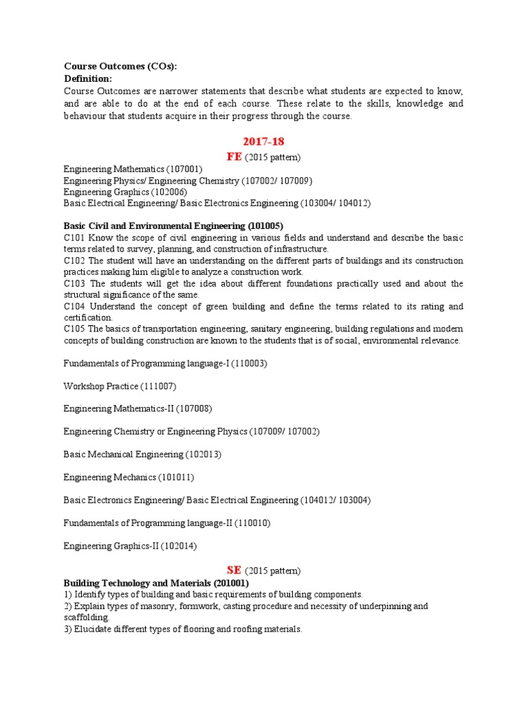 Course Outcomes (Cos) : Definition:: Basic Civil and Environmental ...