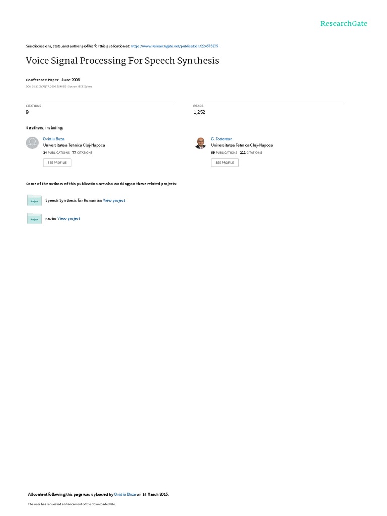 Voice Signal Processing For Speech Synthesis: June 2006 | PDF ...