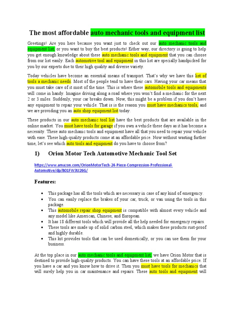 Auto Mechanic Tools and Equipment List | PDF | Auto Mechanic | Car