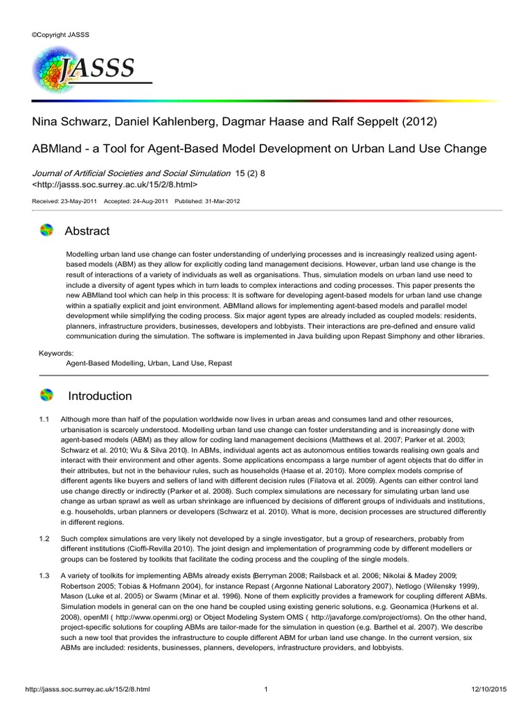 Nina Schwarz, Daniel Kahlenberg, Dagmar Haase and Ralf Seppelt (2012) Abmland - A Tool For Agent ...