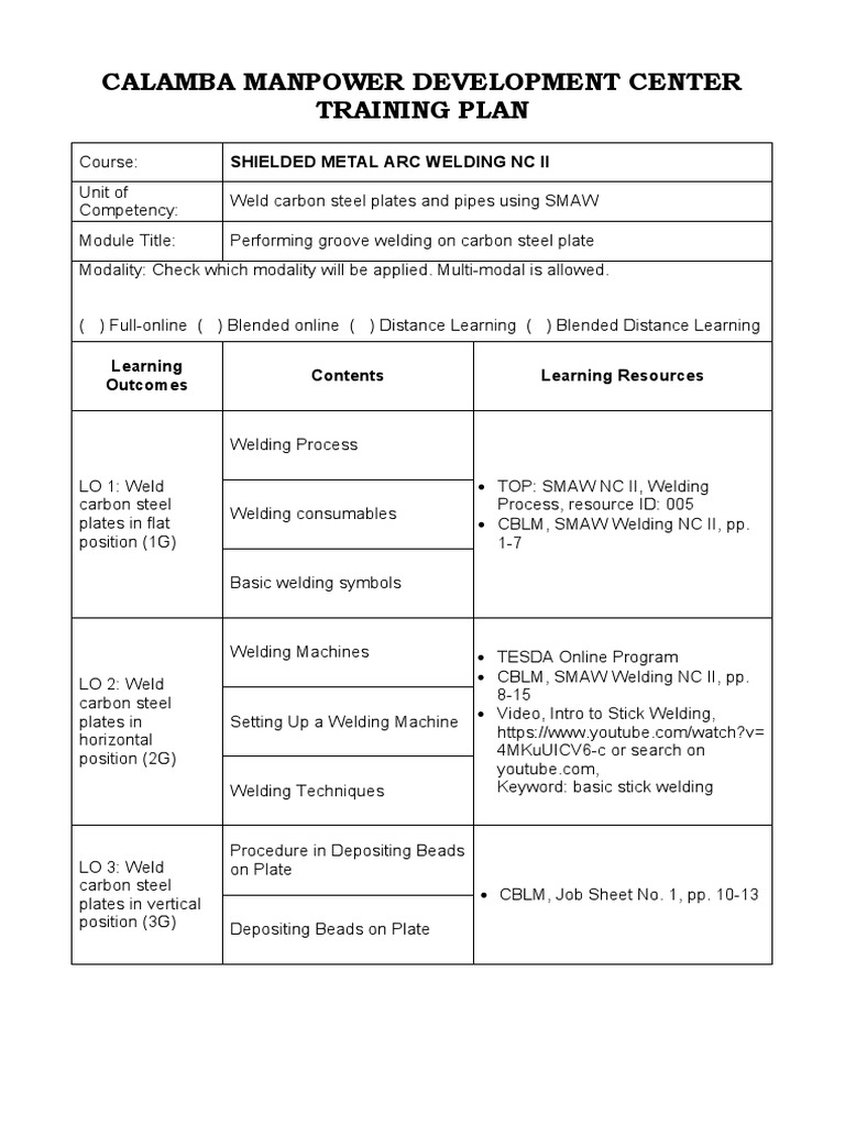 Training Plan Template | PDF | Welding | Construction