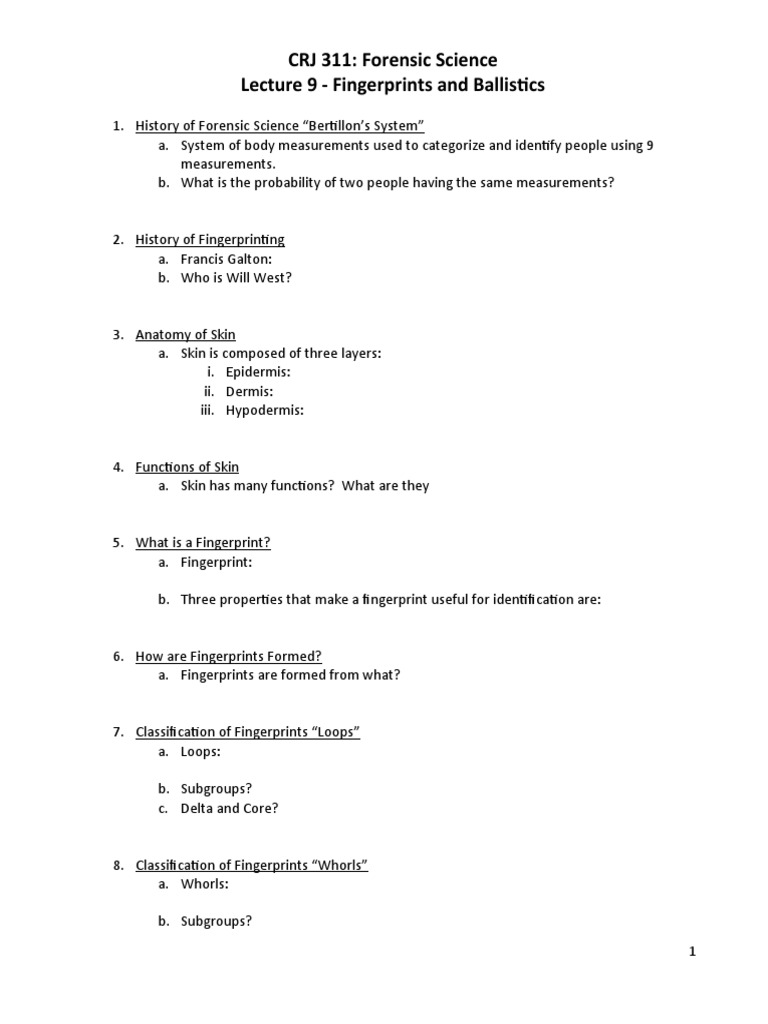 CRJ 311: Forensic Science Lecture 9 - Fingerprints and Ballistics | PDF ...