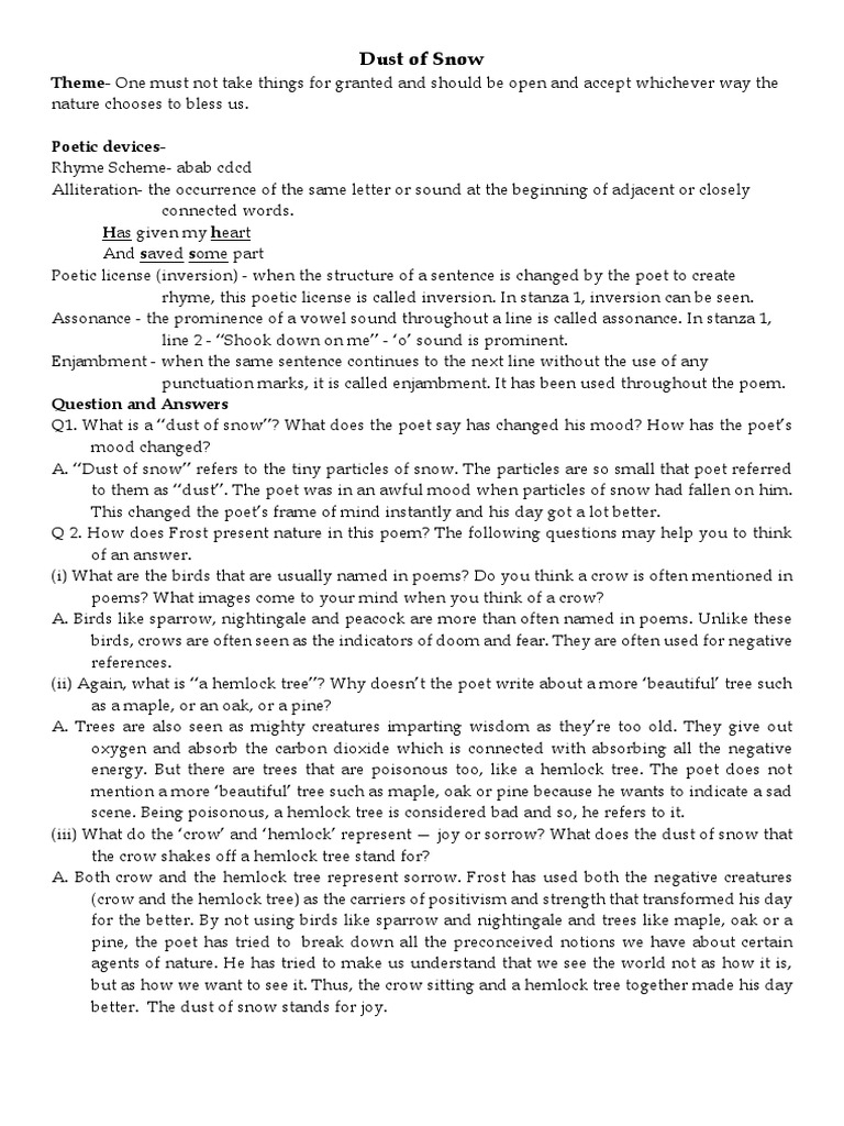 The Dust of Snow Q - A | PDF | Poetic Devices | Poetry