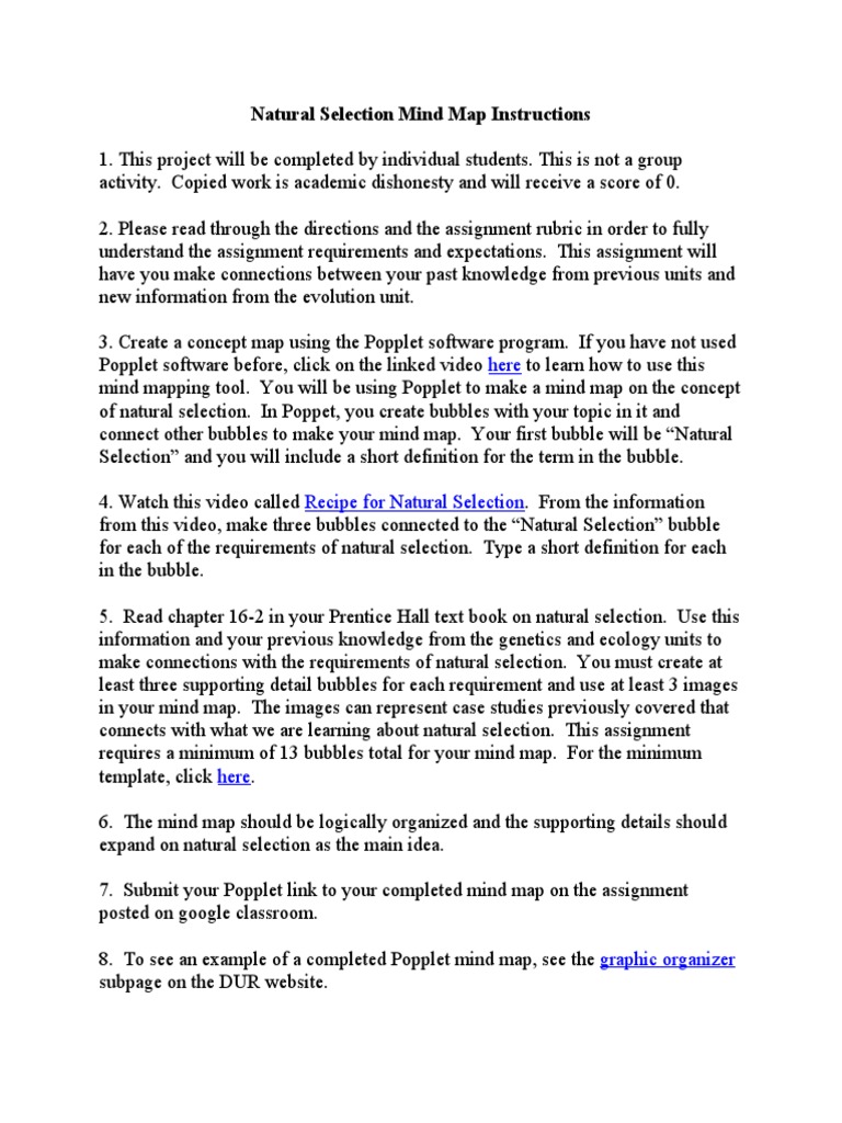 Natural Selection Mind Map Instructions | PDF | Concept | Natural Selection