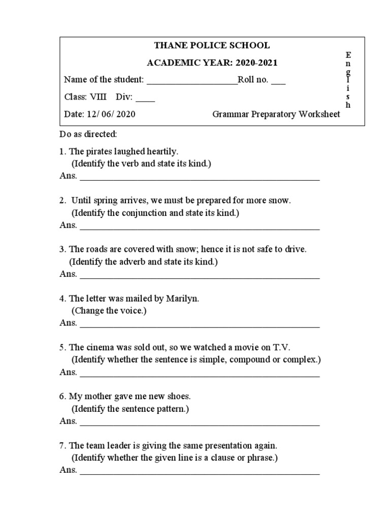 Class 8-English Worksheet (12.06.2020) | PDF | Sentence (Linguistics ...