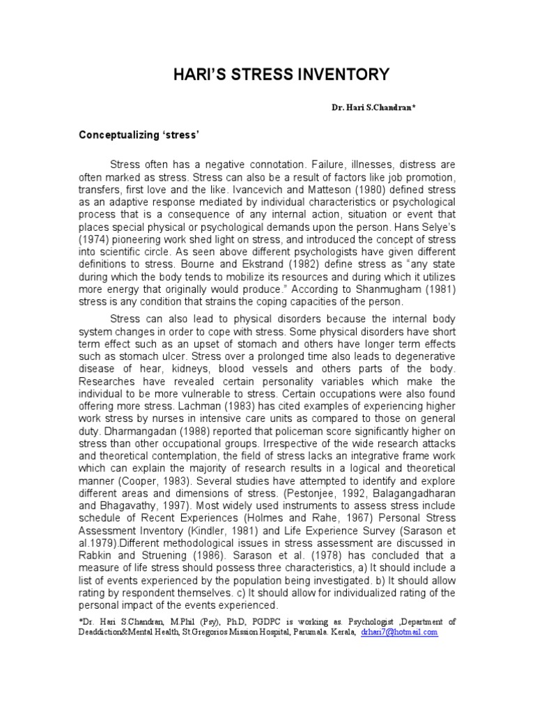 Hari'S Stress Inventory | PDF | Stress (Biology) | Psychology