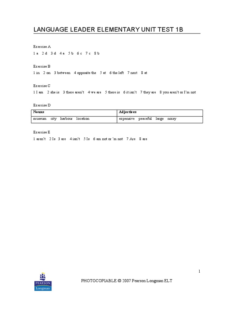 Language Leader Elementary Unit Test 1B: Nouns Adjectives | PDF