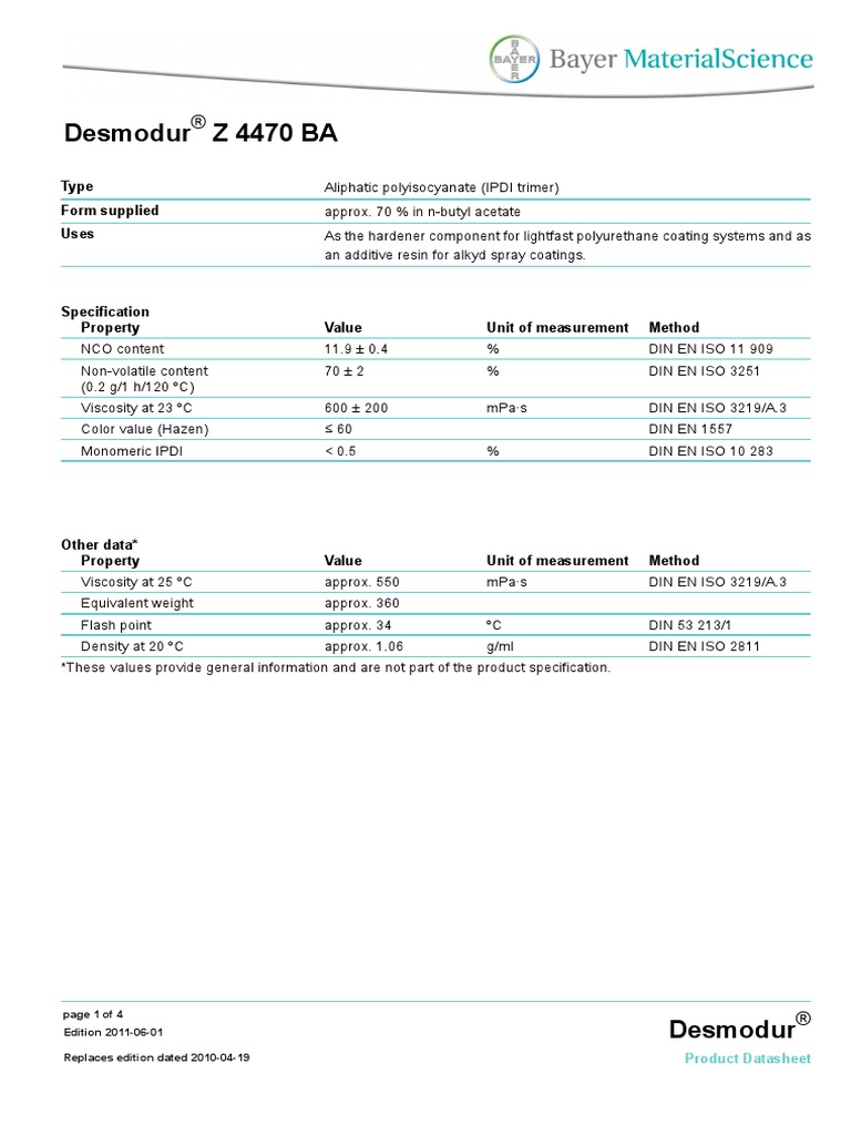 Desmodur Z 4470 BA: Type Form Supplied Uses | PDF | Chemical Compounds ...