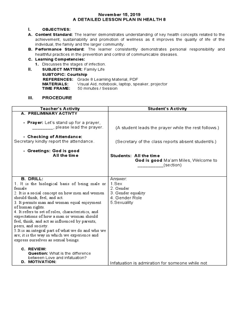 November 15, 2019 A Detailed Lesson Plan in Health 8 I | PDF ...