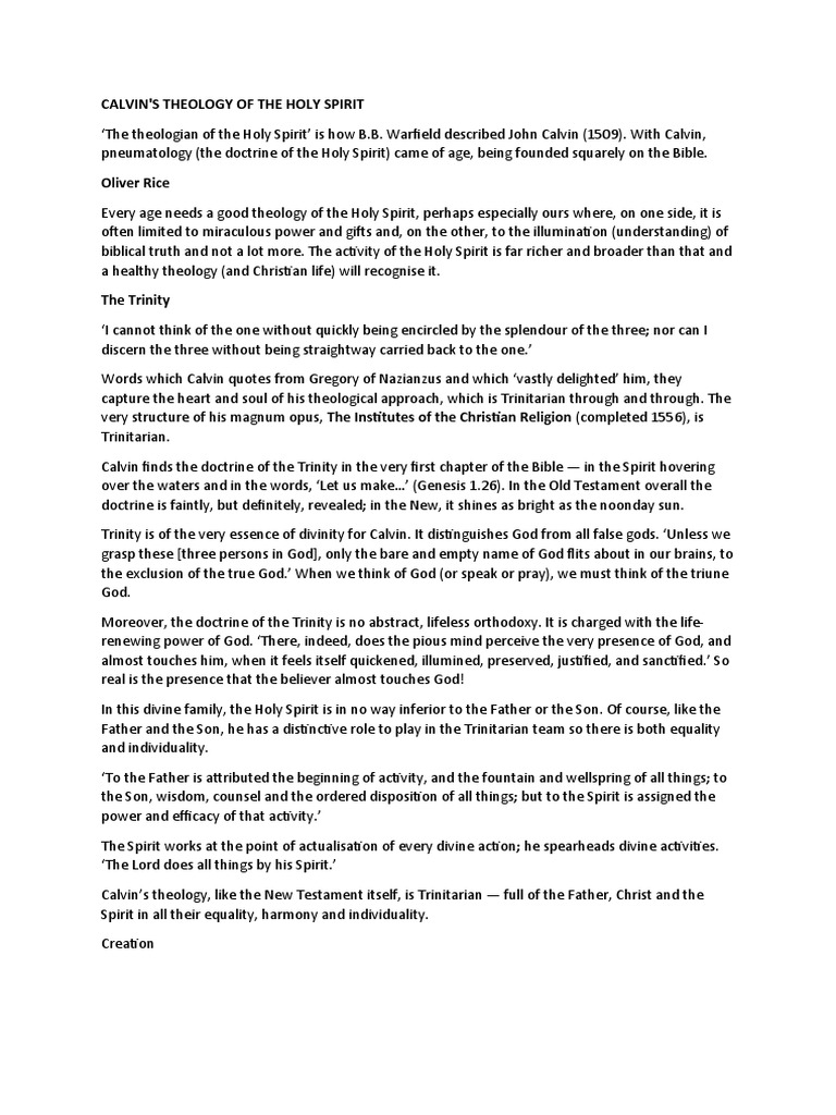 Calvin's Theology of The Holy Spirit | PDF | Trinity | God The Father