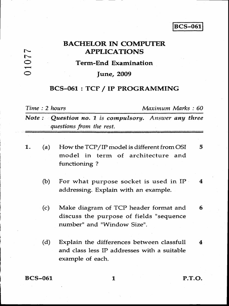 Bachelor in Computer I.-Applications: Term-End Examination O Lune, 2aag Bcs-061: TCF / Ip ...