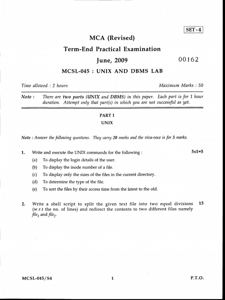 MCA (Revised) Term-End Practical Exarnination - Une, 2009: Mcsl-045: Unix and Dbms Lab | PDF ...