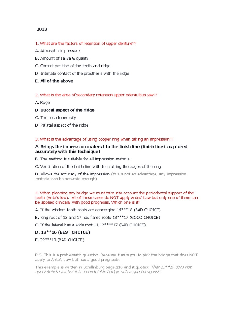 Prostho Question 2009-2015 | PDF | Dentures | Dental Implant