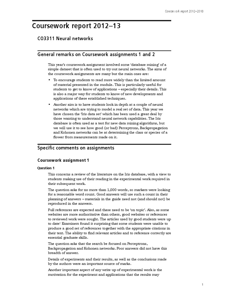 Coursework Report 2012-13: CO3311 Neural Networks | Download Free PDF ...