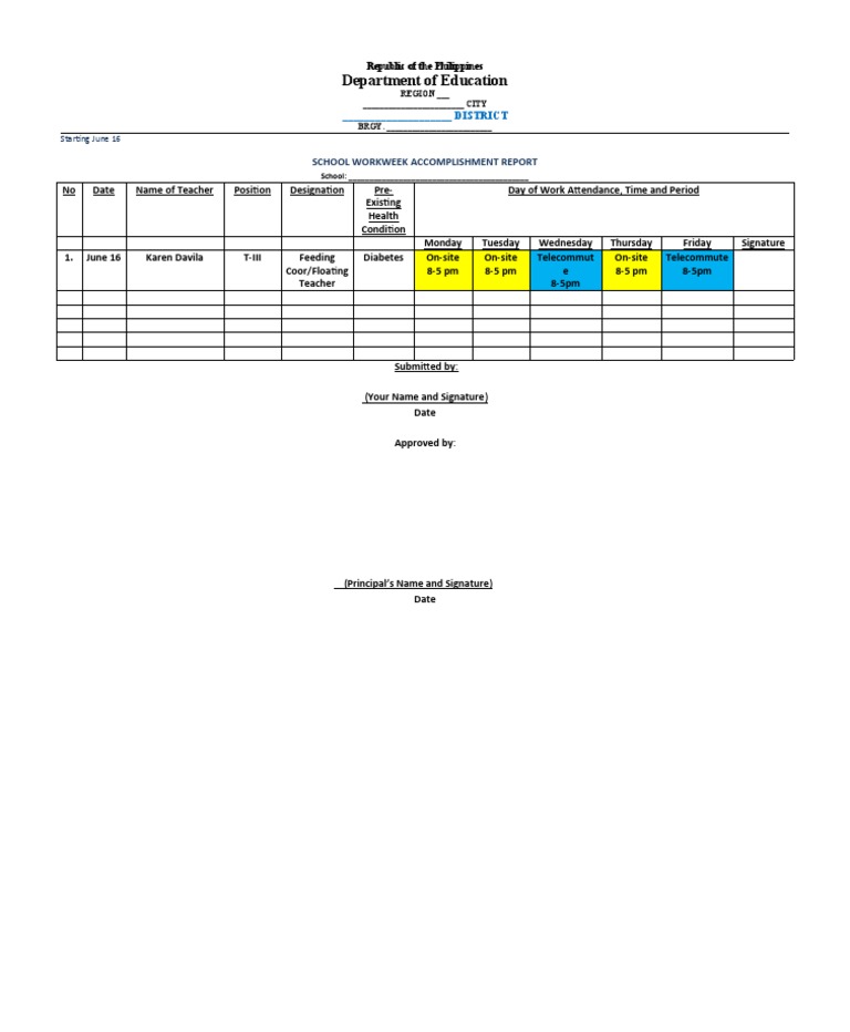 Individual Workweek Accomplishment Plan.3 Day On Site | PDF