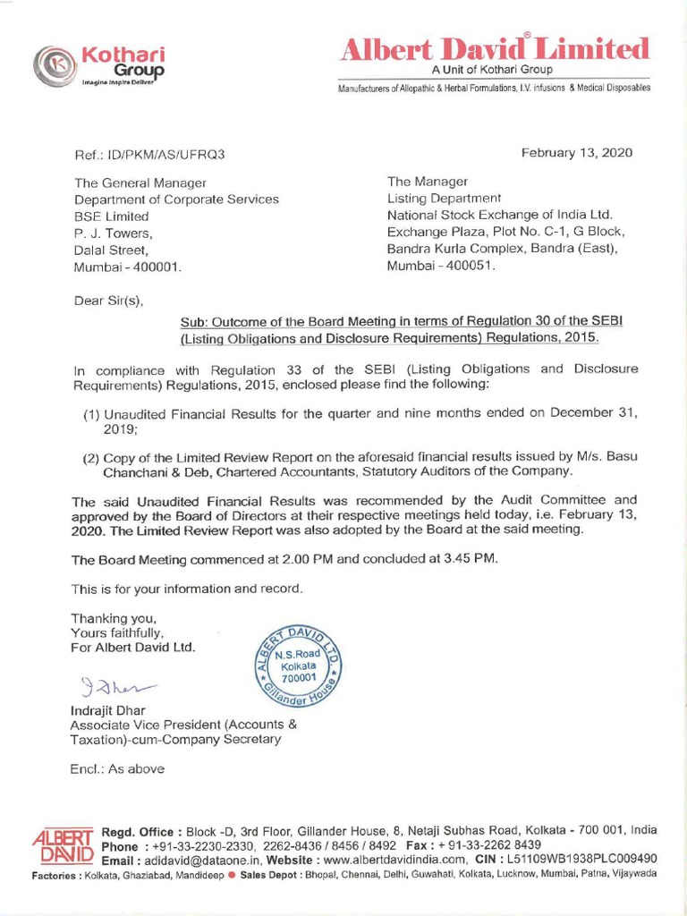 Albert David Results Dec 2019 | PDF | Audit | Financial Services