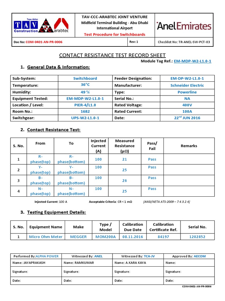 07 - Test Format For Contact Resistance | PDF | Electrical Resistance ...