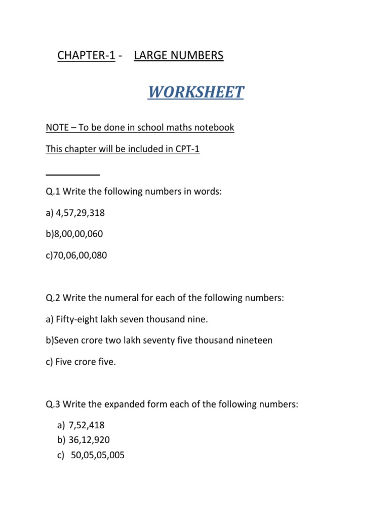 Worksheet: Chapter-1 - Large Numbers | PDF
