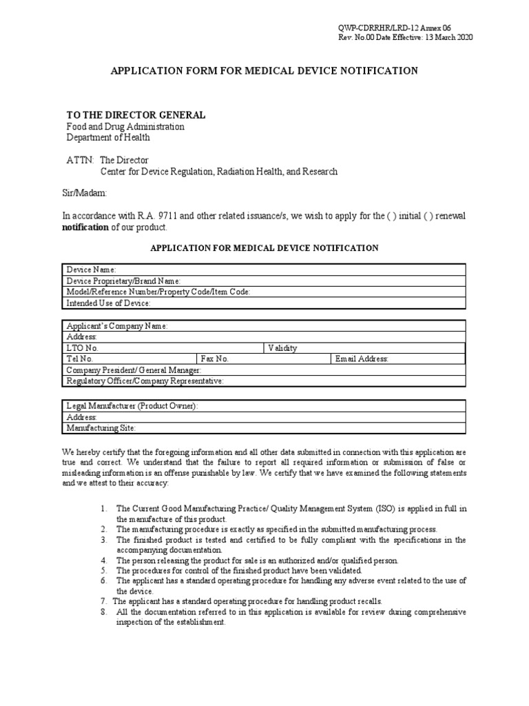 LRD12 Annex 06 - Application Form Notification | PDF | Medical Device ...