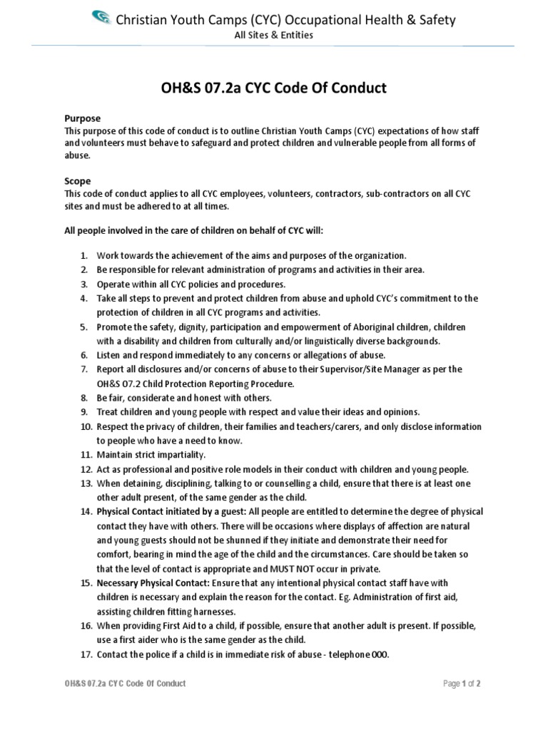 Cyc Child Protection Code of Conduct | PDF | Applied Ethics | Social ...